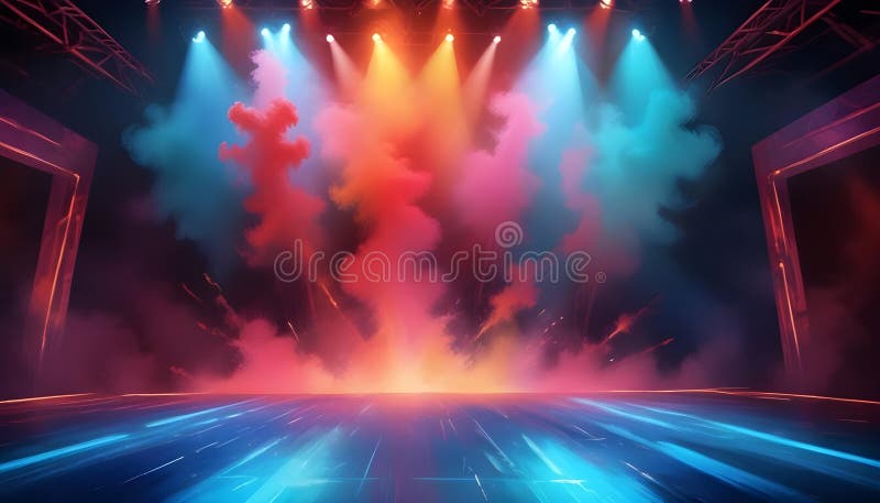 Empty Stage with Colorful Spotlights and Smoke, Creating a Dramatic ...