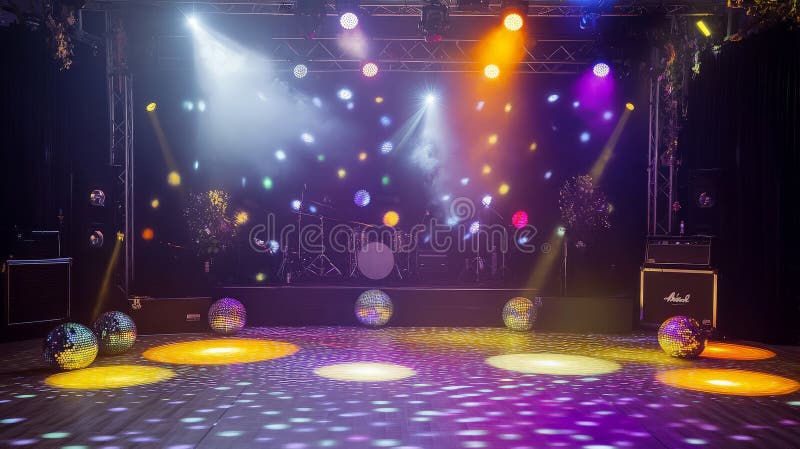 Empty Stage with Disco Balls and Lights Stock Photo - Image of sound ...