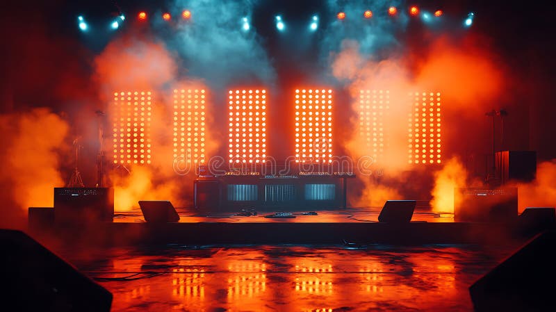 Empty Stage with Dj Console Amidst Smoke and Vibrant Lighting Display ...