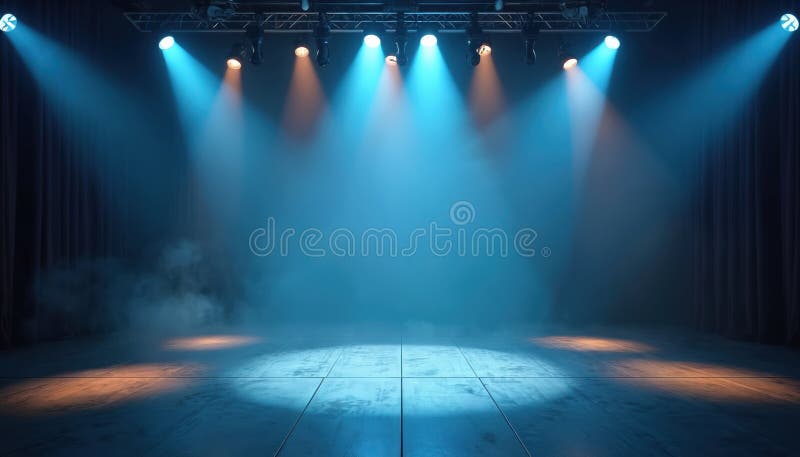 Empty Stage with Dramatic Blue, Orange Lights and Smoke. Spotlight ...