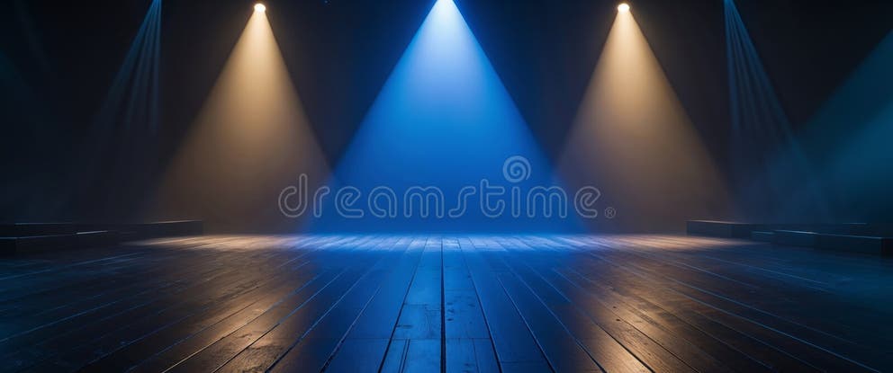 Empty Stage with Dramatic Lighting and Blue and Gold Spotlights Stock ...