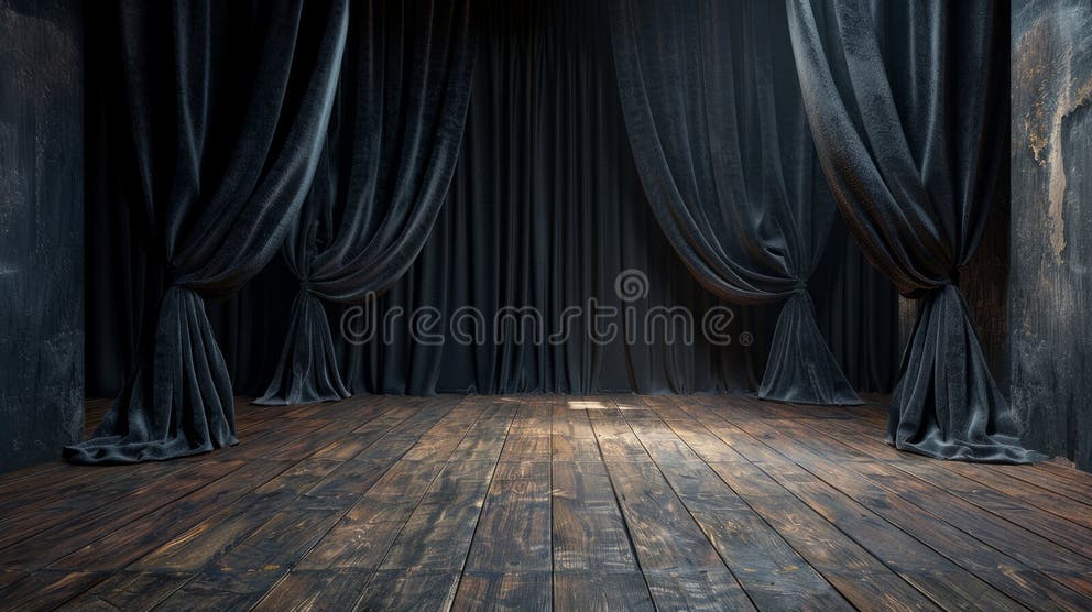 Empty Stage with Draped Black Curtains and Wooden Floor in Dim Lighting ...
