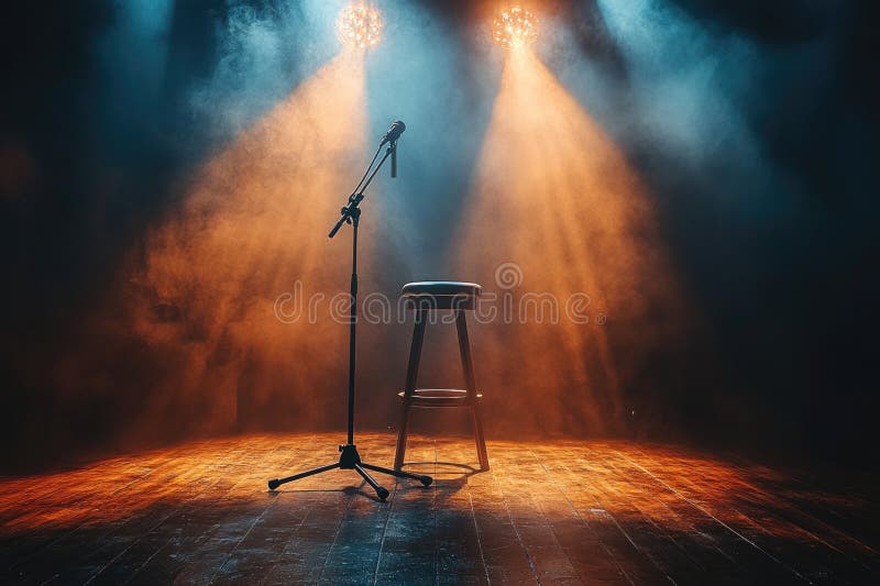Empty Stage Featuring a Stool and Microphone Stand, Illuminated by ...