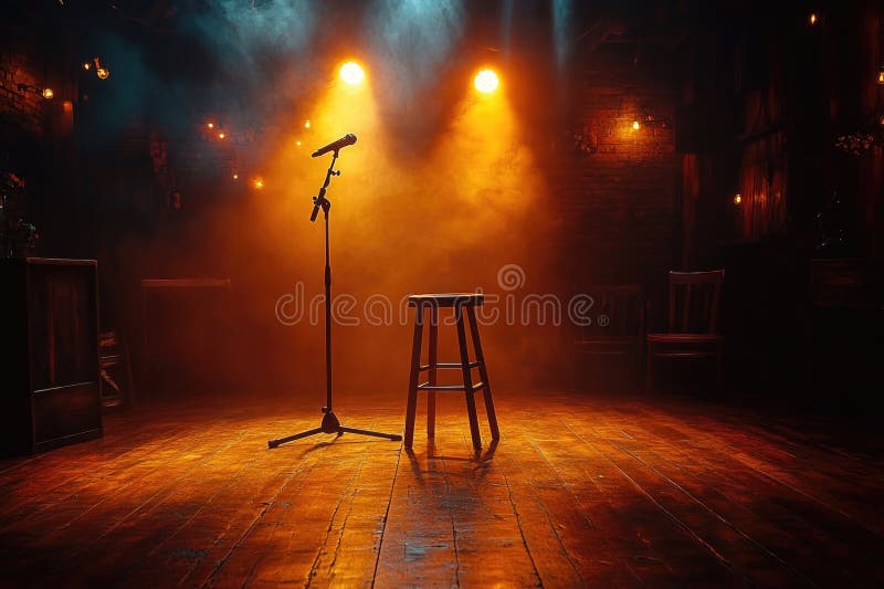 Empty Stage Featuring a Stool and Microphone Stand, Illuminated by ...