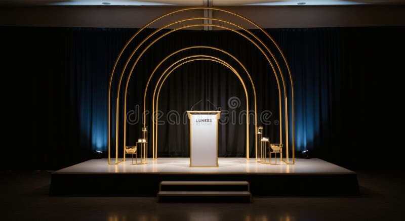 Empty Stage with Gold Arches and Podium for Event Presentation Stock ...