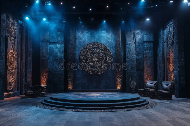 Empty Stage in a Grand Hall with Celtic-inspired Design, Illuminated by ...