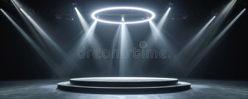 Empty Stage with Dramatic Spotlights Shining Down in Dark Theater ...