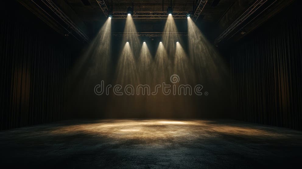 An Empty Stage Illuminated by Powerful Overhead Spotlights in a Dark ...