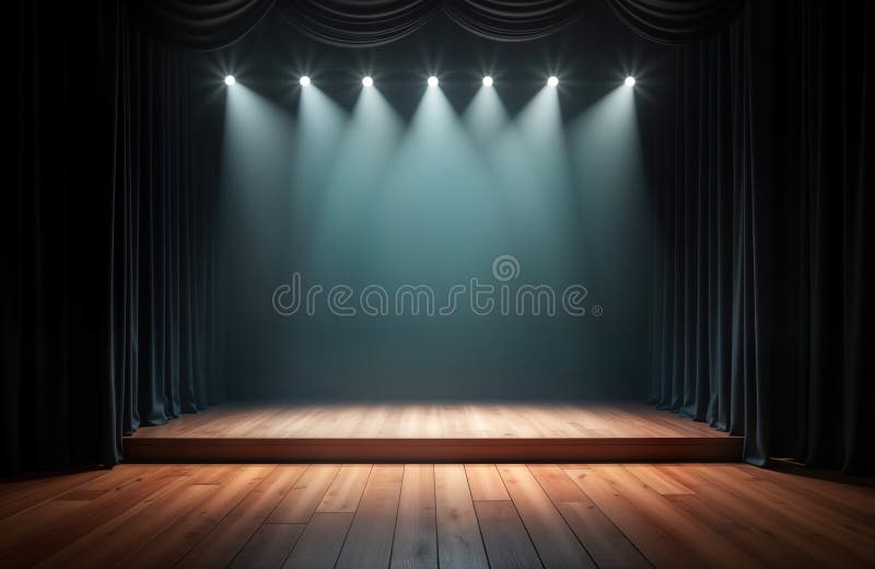 Empty Stage Illuminated by Spotlights. Dark Curtains Frame Stage Area ...