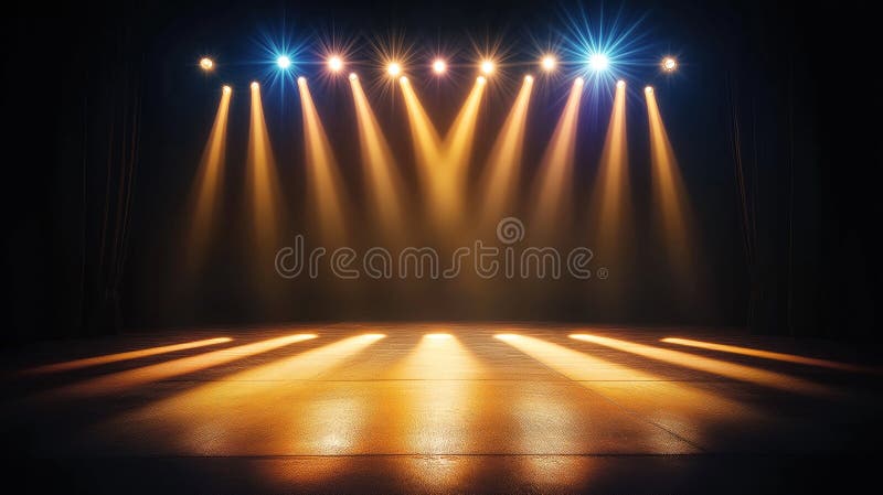 Empty Stage Illuminated by Spotlights. Golden, Warm Light Beams ...