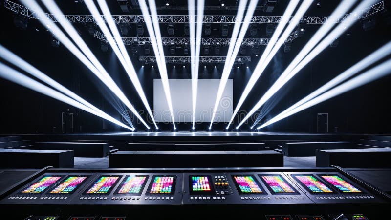 Empty Stage Illuminated by Spotlights with Mixing Console in Foreground ...