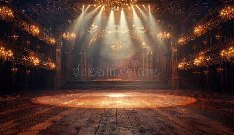 Stage Spotlights Golden Light Empty Performance Space Dramatic Lighting ...