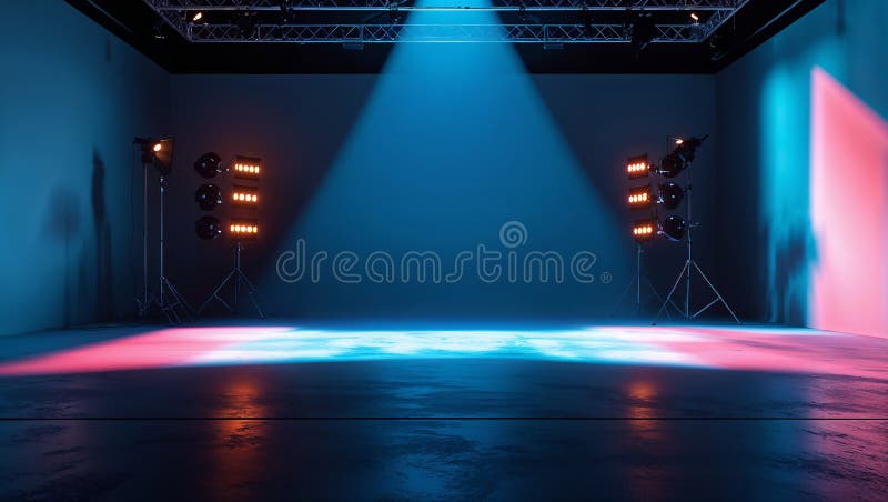 Empty Stage is Illuminated by Spotlights with Pink and Blue Lights ...