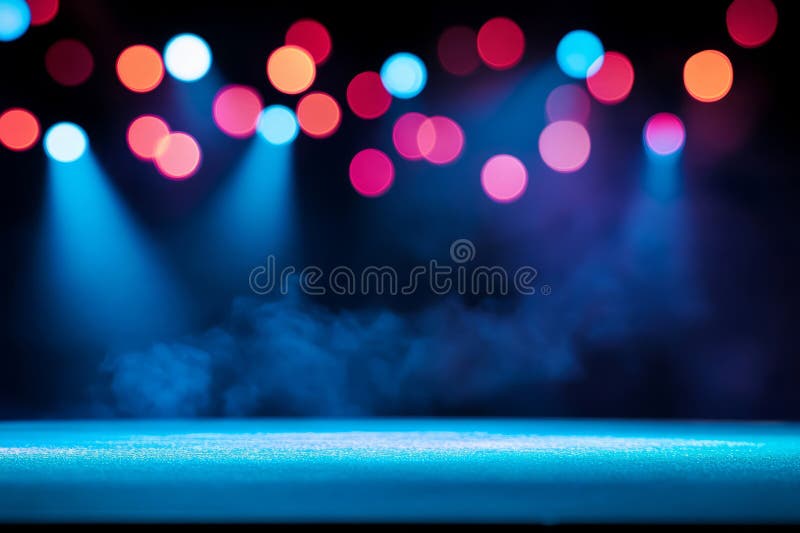 Empty Stage Illuminated Spotlights Surrounded Colorful Bokeh Lights ...