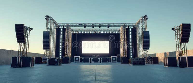 An Empty Stage with a Large Screen and Speakers Set Up Outdoors Ready ...