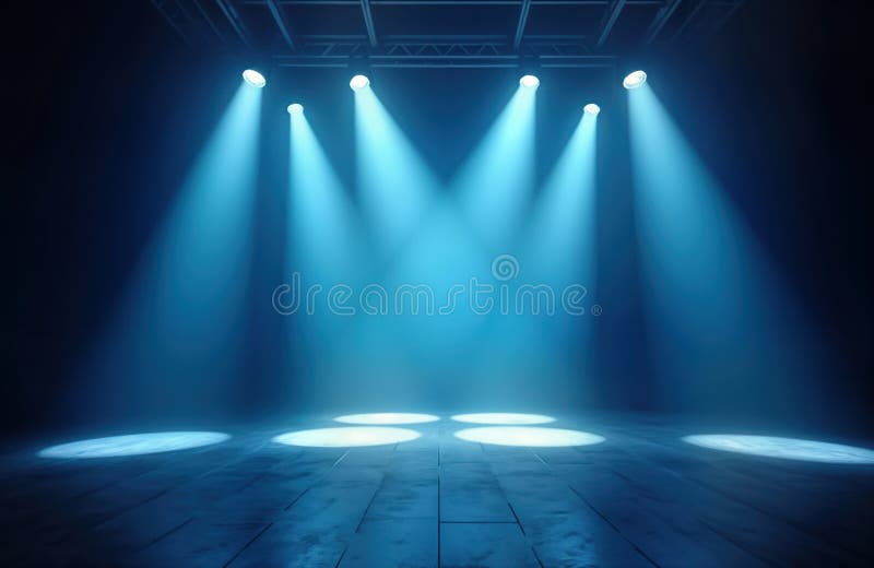 Empty Stage Lit by Blue Spotlights. Bright Blue Light Shines on Dark ...