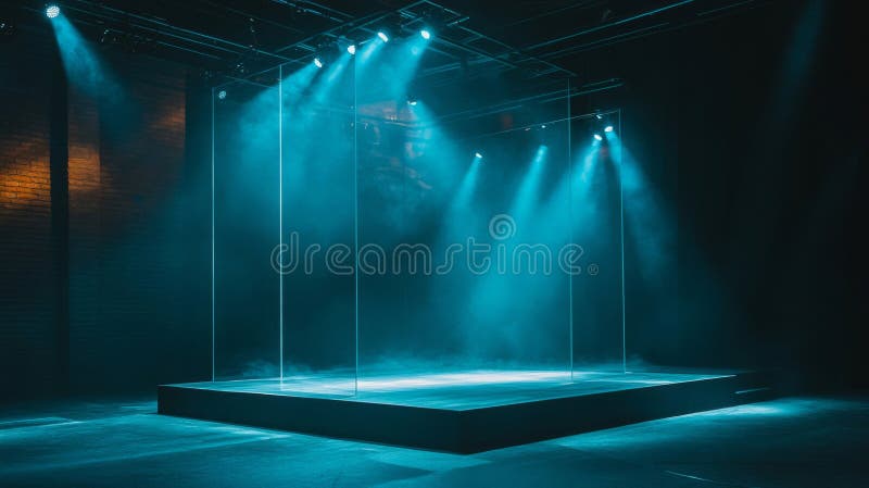 Empty Stage Lit by Blue Spotlights in a Dark Room Stock Illustration ...