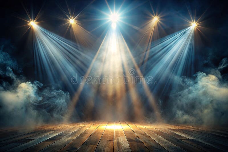 Empty Stage Lit by Spotlights, Smoky Backdrop, Wooden Floor Stock ...