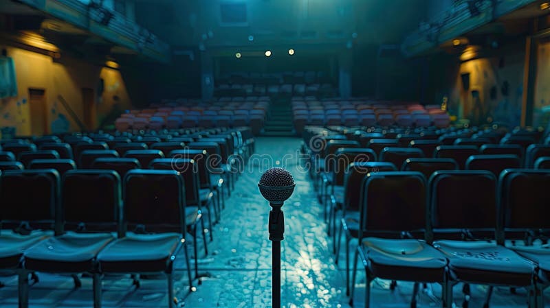 Empty Stage with Microphone and Rows of Seats in a Theater Stock Image ...
