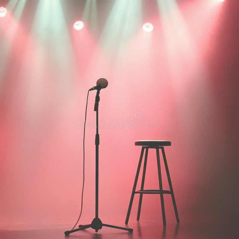 Empty Stage with Microphone and Stool Lit by Colorful Spotlights for ...