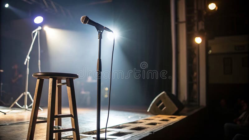 Empty Stage with Microphone and Stool Under Spotlight in a Dark Theater ...