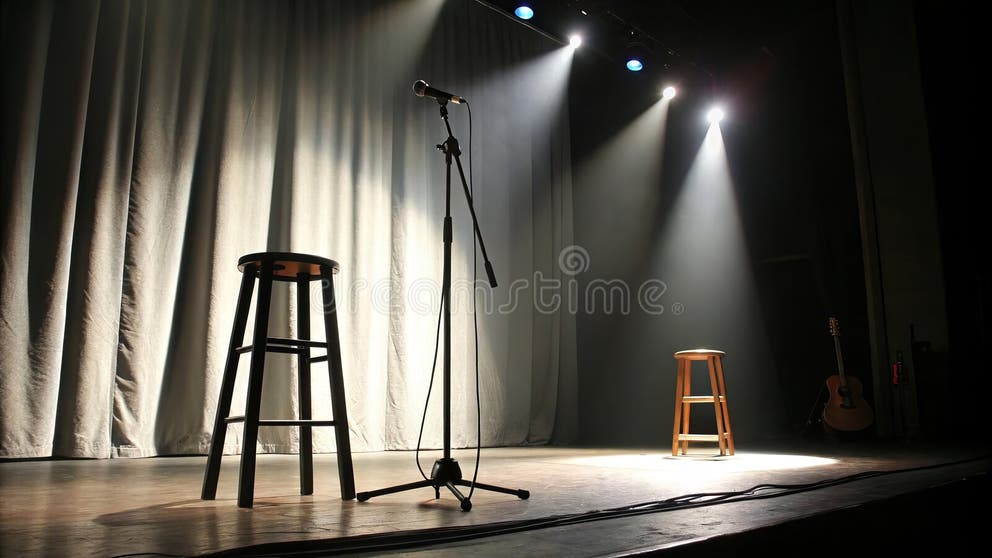 Empty Stage with Microphone and Stools Under Spotlights Stock Image ...