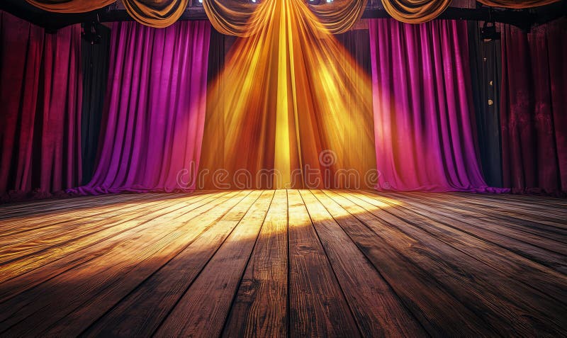 Empty Stage with Open Purple Curtains and Dramatic Spotlight Stock ...