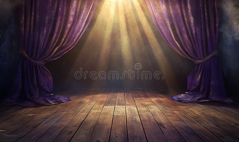 Empty Stage with Open Purple Curtains and Dramatic Spotlight Stock ...