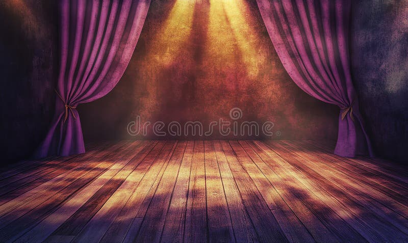 Empty Stage with Open Purple Curtains and Dramatic Spotlight Stock ...