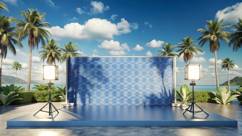 Empty Stage with Palm Trees and Ocean Backdrop Stock Illustration ...