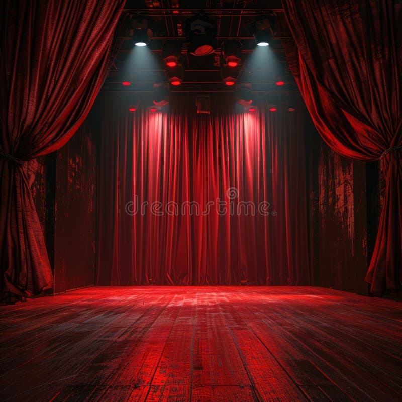 An Empty Stage with a Red Curtain and Spotlight, Traditional Stock ...