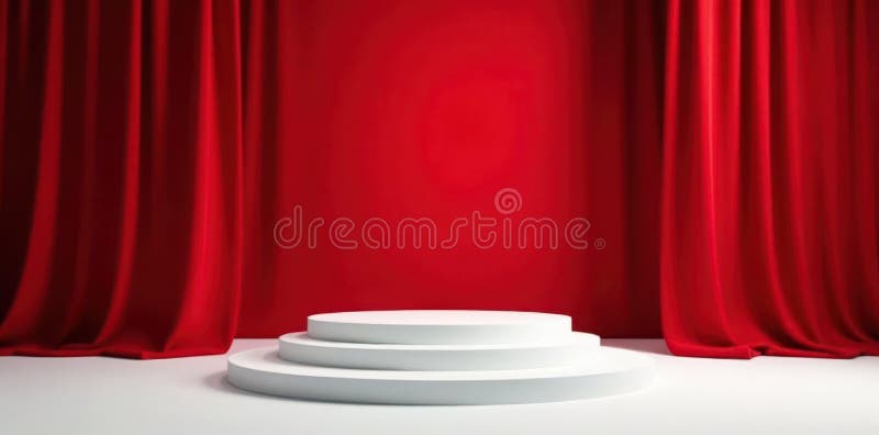 Empty Stage, Red Velvet Backdrop, Pristine White Pedestals , Minimal ...