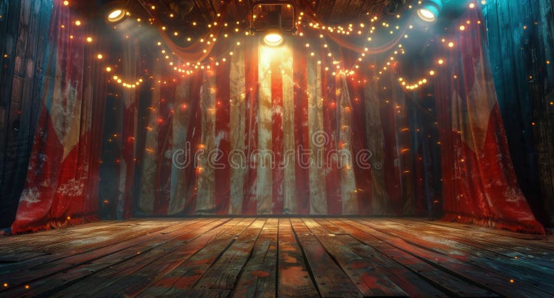 Empty Stage with Red and White Striped Curtains and String Lights Stock ...
