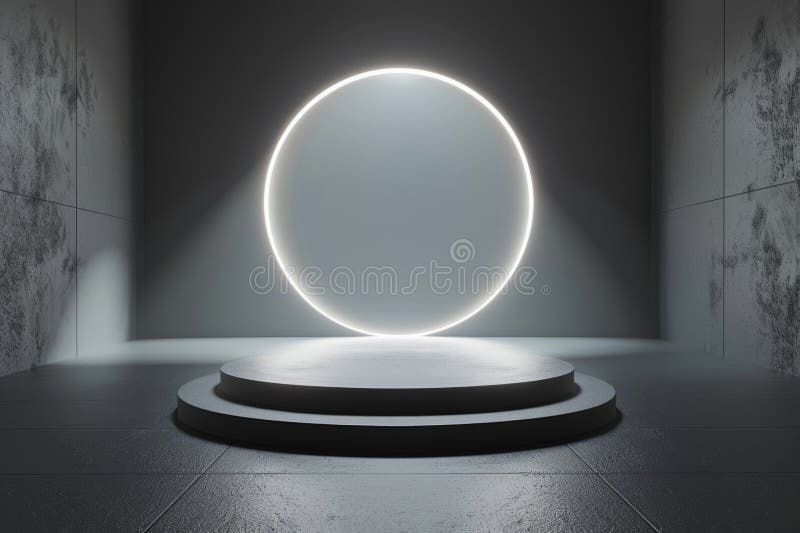 Empty Stage with Round Neon Backlight Illuminating Concrete Platform ...
