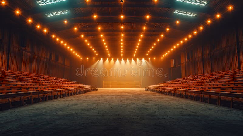 Empty Stage with Rows of Seats in a Large Industrial Venue, Lit by Warm ...