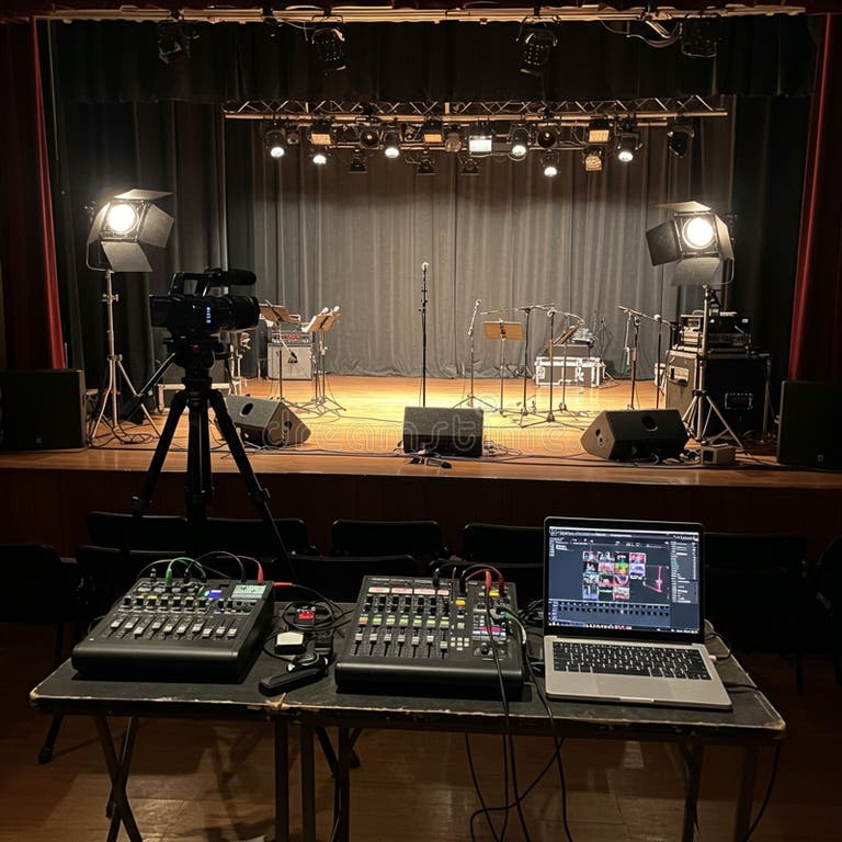 An Empty Stage Set for a Performance with a Backdrop of Closed Curtains ...