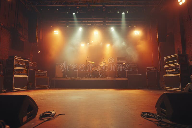 Empty Stage is Set Up with Instruments and Ready for a Band To Perform ...