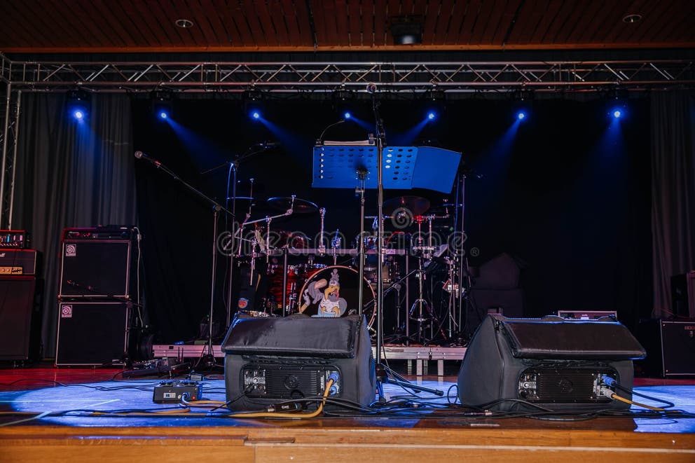Empty Stage Set Up for a Live Rock Band Performance with Blue Lights ...