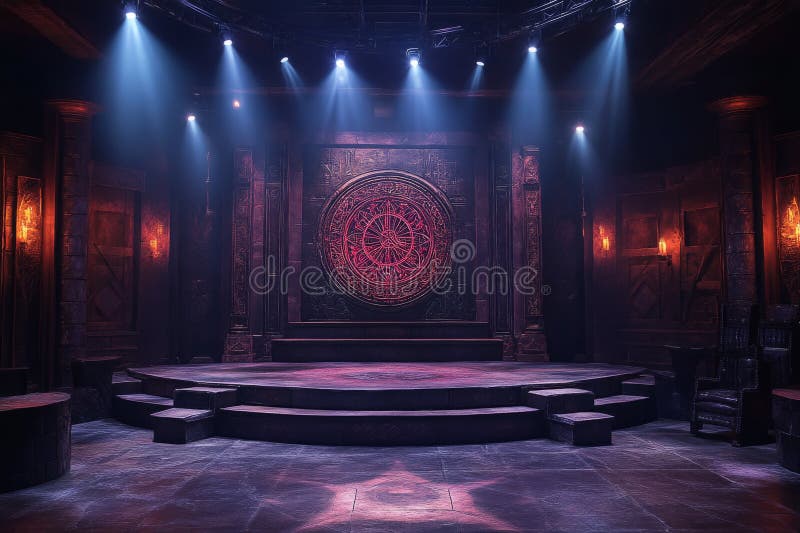 Empty Stage Setting with Dramatic Lighting, Stone Walls, and a Large ...