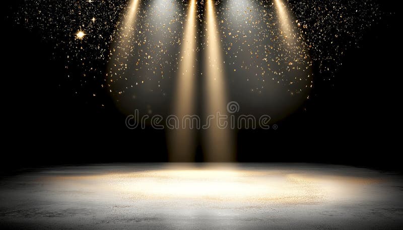 Empty Stage with Spotlight and Gold Glitter Particles in Dark ...