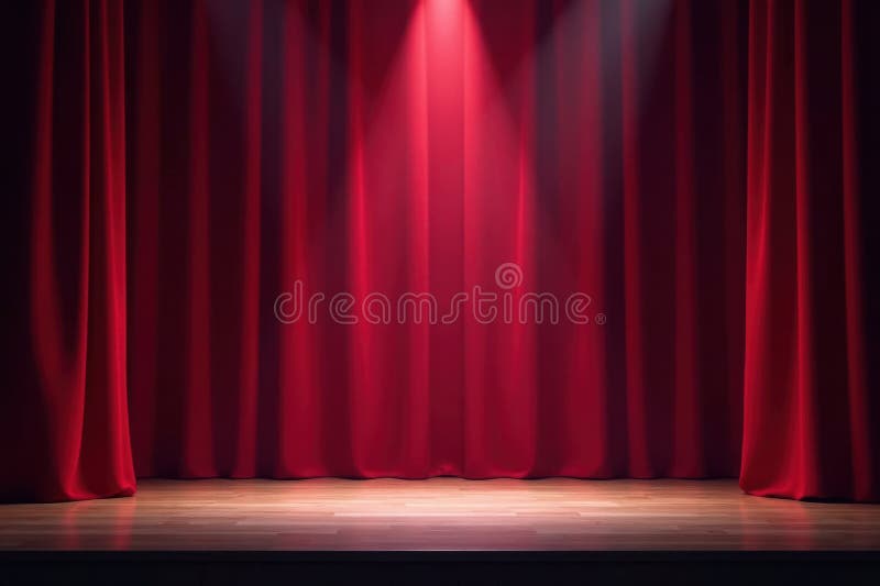 Empty Stage; Spotlight Illuminates Rich Red Velvet Drapes Awaiting the ...