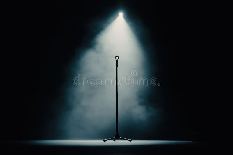 Empty Stage with Spotlight, Microphone. Dark Background with Spotlight Focused on Microphone ...