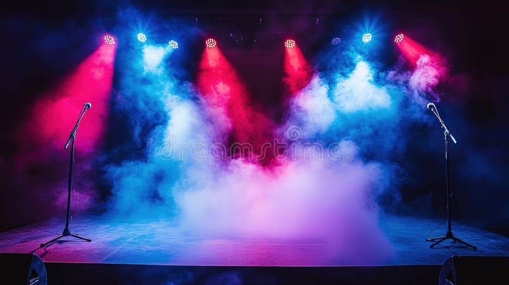 Empty Stage with Spotlights, Microphones, and Smoke Stock Illustration ...