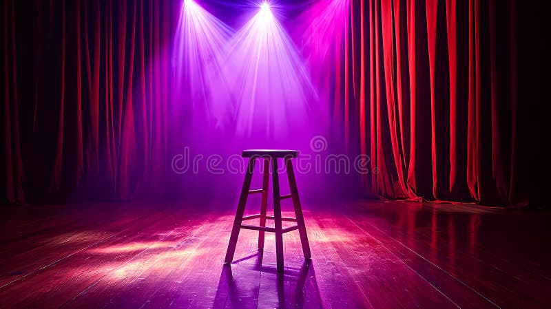 Empty Stage with Stool Illuminated by Purple Spotlights and Red ...