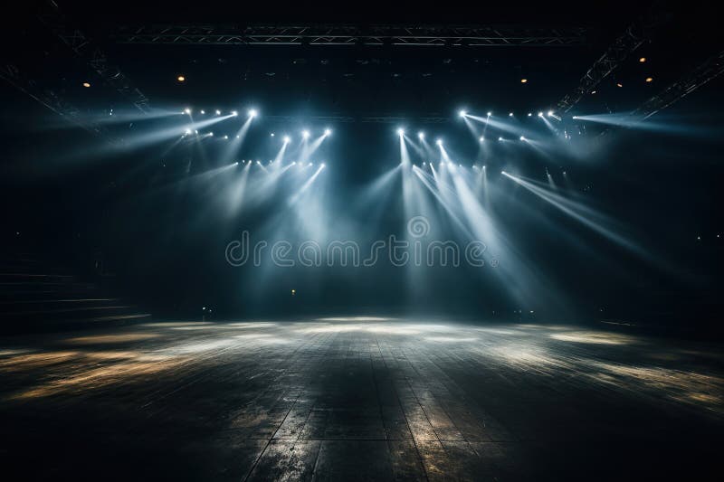 Empty Stage with Wooden Floor in the Rays of Spotlights with Cold Light ...