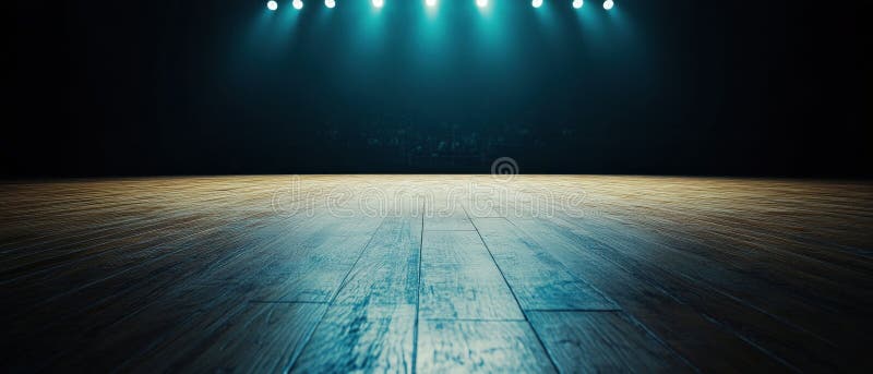 Empty Stage with Wooden Floor and Spotlights Shining Down Stock ...