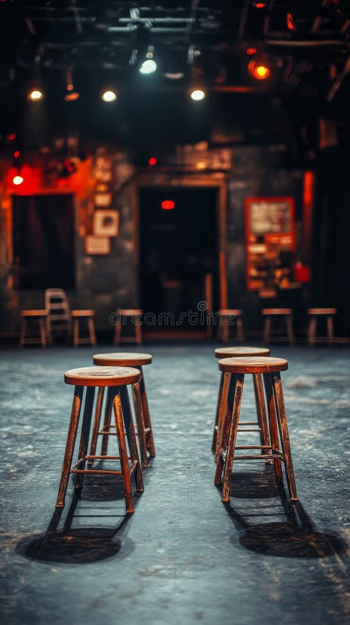 Empty Stage with Wooden Stools Ready for a Performance at a Cozy Venue ...