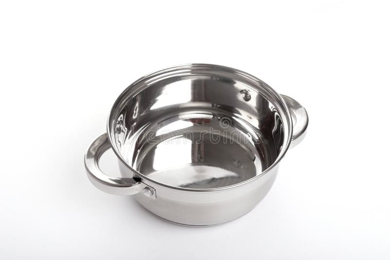 Empty Stainless Steel Pans on White Background, Top View Stock Photo ...