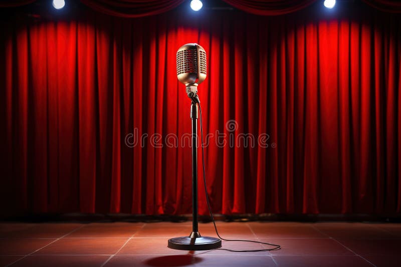 Empty Stand Up Comedy Stage with Microphone and Red Curtains Stock ...