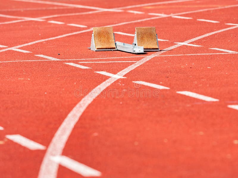 Empty Starting Blocks and Red Running Tracks in a Stadion Stock Photo ...